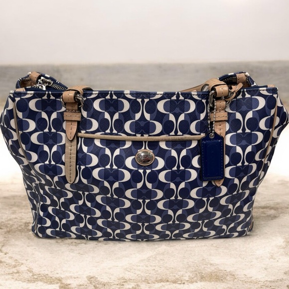 Coach | Bags | Coach Navy And Tan Signature Shoulder Bag | Poshmark